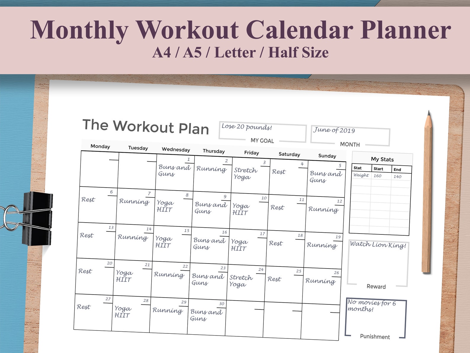 Monthly Workout Planner Printable Exercise Log Body Stats | Etsy