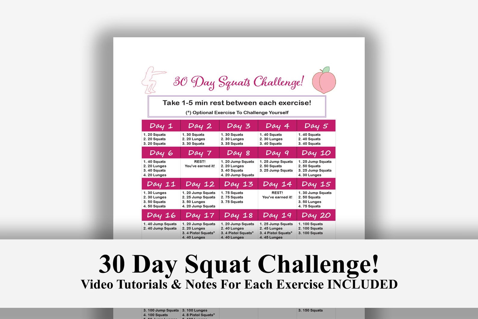 30 Day Squat Challenge PRINTABLE + Exercise Video Tutorials Included ...
