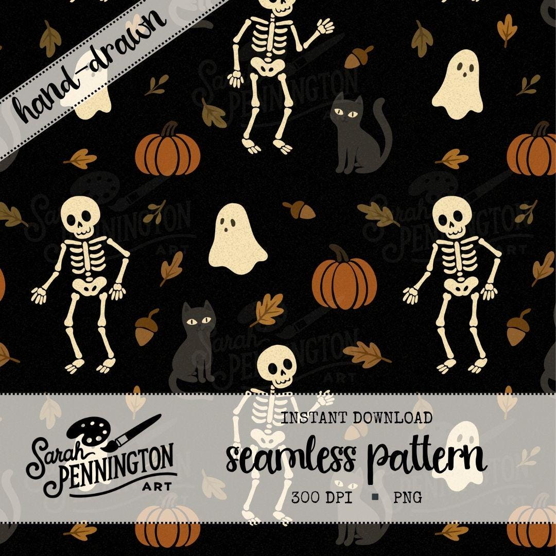 Vintage Halloween Seamless Pattern: Spooky Skeletons, Ghosts (PNG ...