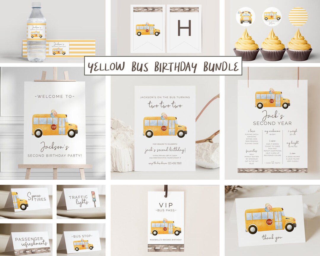Yellow Bus Birthday Bundle Set Editable Template School Bus - Etsy