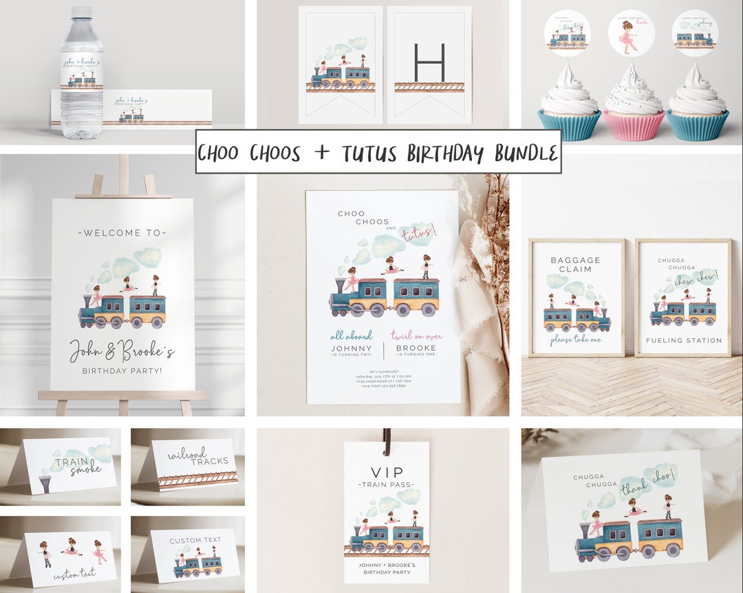 Choo Choos and Tutus Birthday Bundle Set, Editable Template, BRUNETTE ...