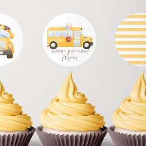 Yellow Bus Cupcake Toppers, Editable Template, School Bus Party Labels ...