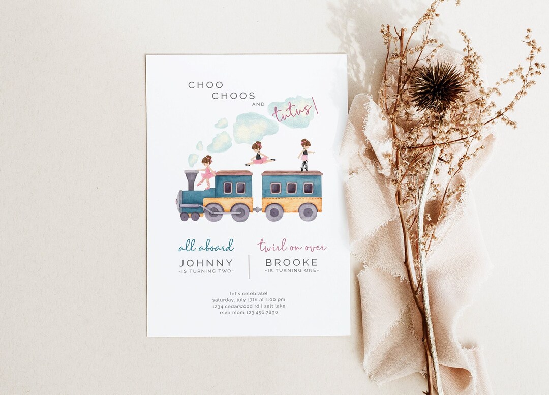 Choo Choos and Tutus Joint Birthday Invitation, Editable Template ...