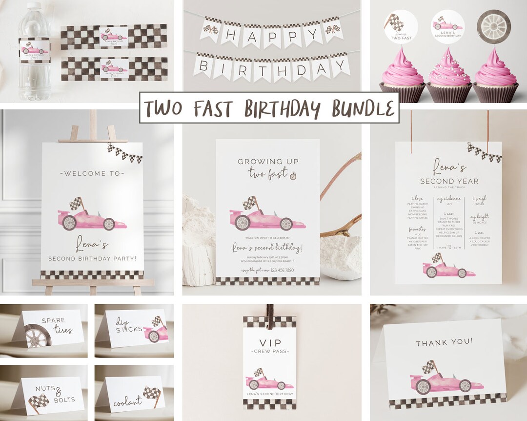 Growing up Two Fast Birthday Bundle Set, Editable Template, Racing ...