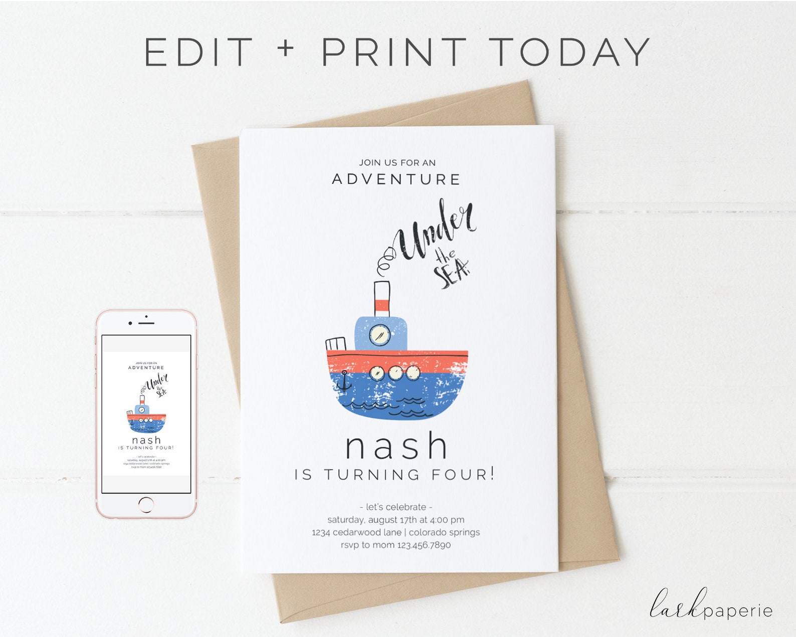 Steamboat Birthday Invitation, Editable Template, Under the Sea Party ...