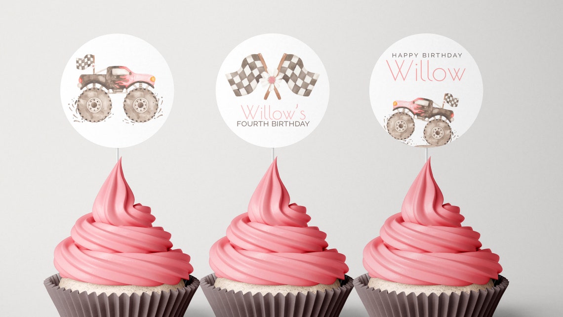 GIRL Monster Truck Cupcake Toppers, Editable Template, Checkered Flag ...