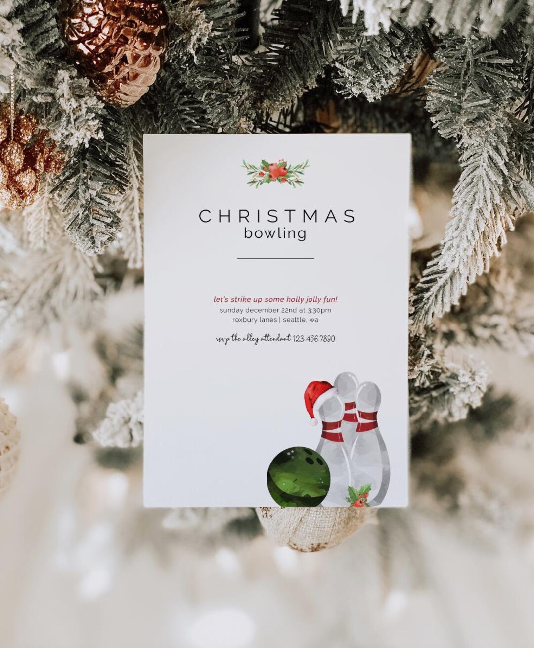 Christmas Bowling Party Invitation, Editable Template, Christmas Invite ...