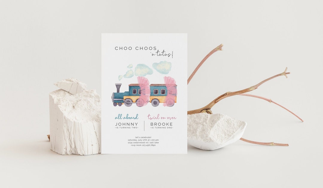 Choo Choos and Tutus Joint Birthday Invitation, Editable Template ...