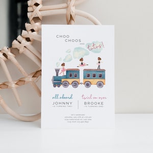 Choo Choos and Tutus Joint Birthday Invitation, Editable Template ...