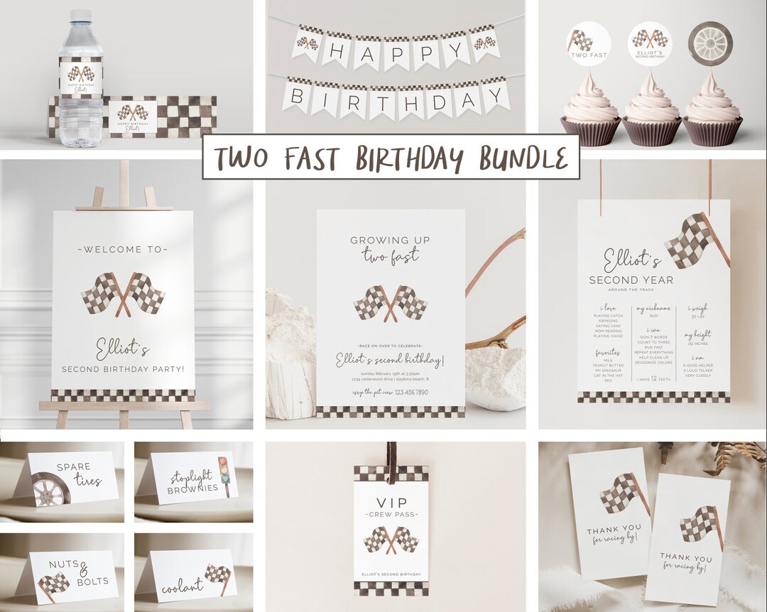 Growing up Two Fast Birthday Bundle Set, Editable Template, Racing ...