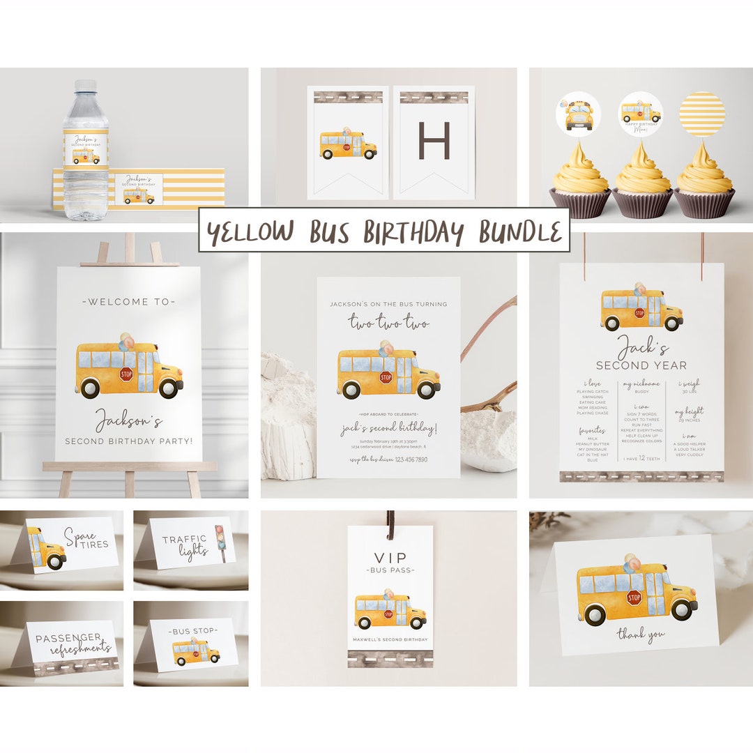 Yellow Bus Birthday Bundle Set, Editable Template, School Bus Birthday ...