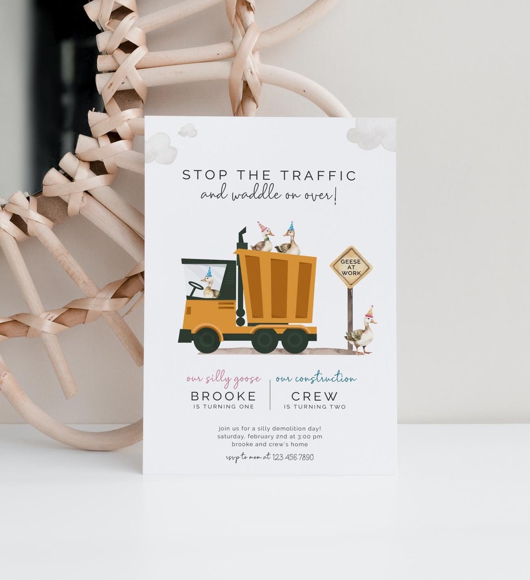 Trucks and Geese Joint Birthday Invitation, Editable Template, Trucks ...