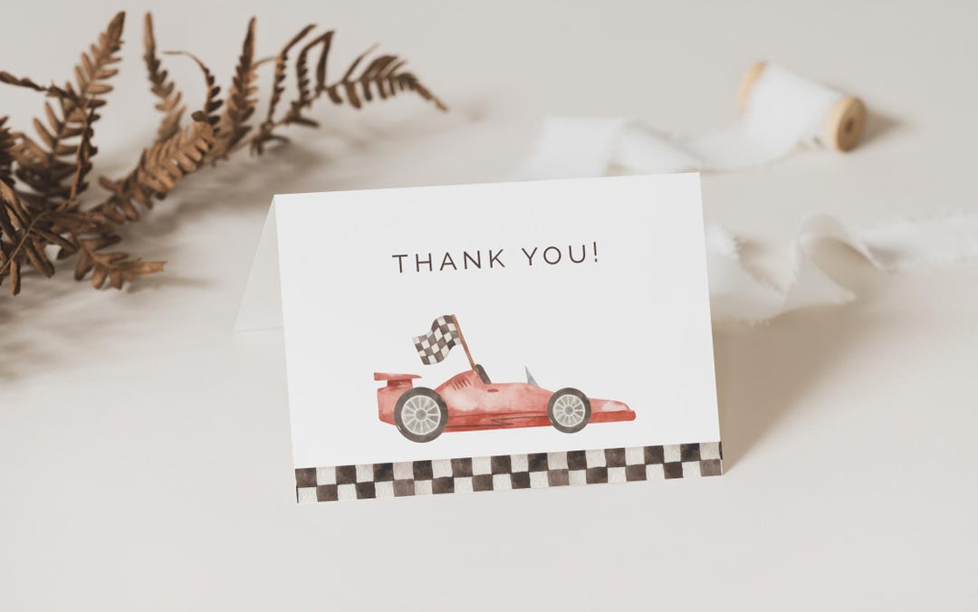 Racing Thank You Card, Editable Template, Vintage Race Flags Birthday ...
