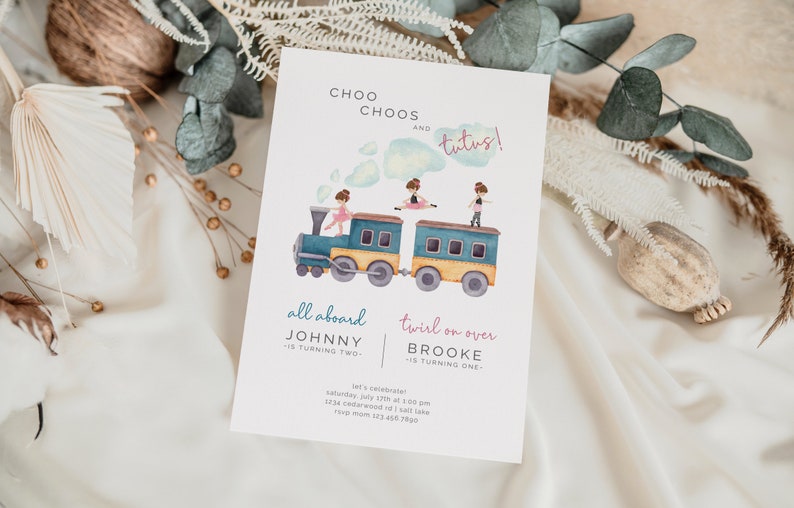 Choo Choos and Tutus Joint Birthday Invitation, Editable Template ...