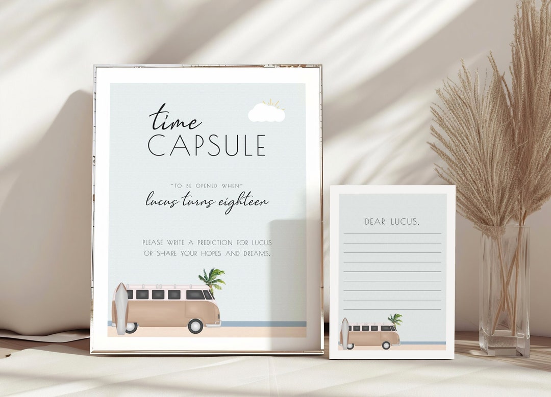 Surfing Capsule Sign, Time Capsule Cards, Editable Template, 70's Van ...