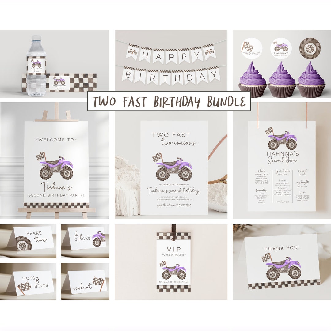 Girl Two Fast Birthday Bundle Set, Editable Template, Purple ATV ...