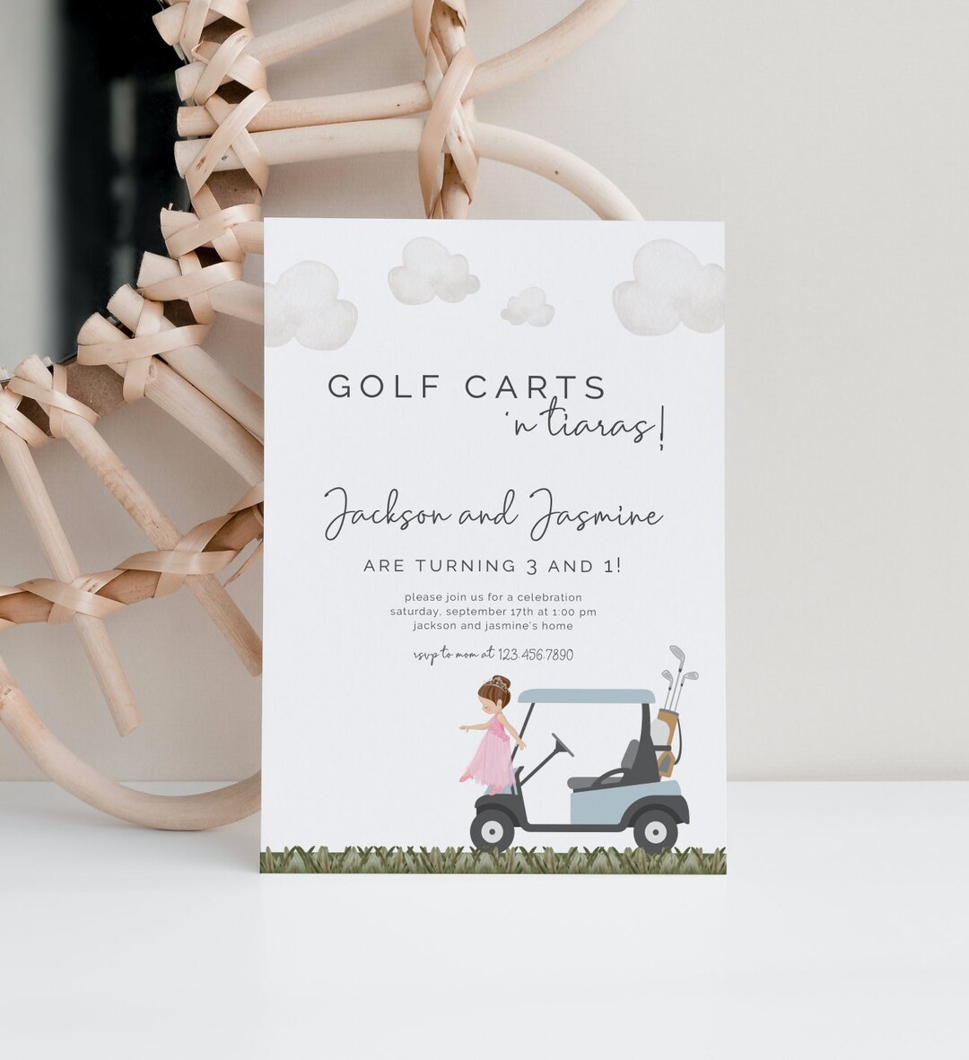 Golf Carts and Tiaras Joint Birthday Invitation, Editable Template ...