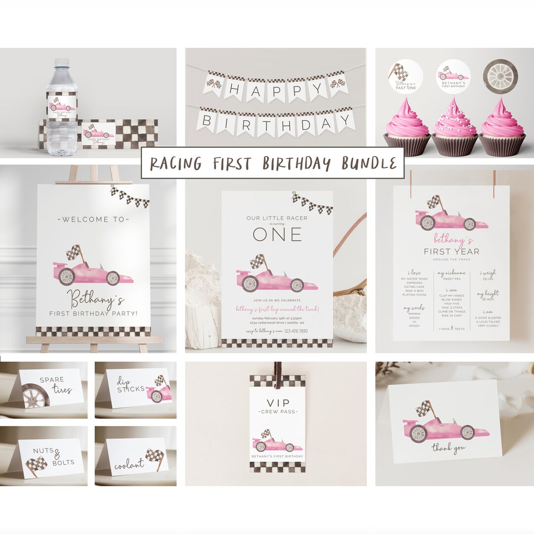 Girl First Lap Birthday Bundle Set, Editable Template, FAST ONE Racing ...