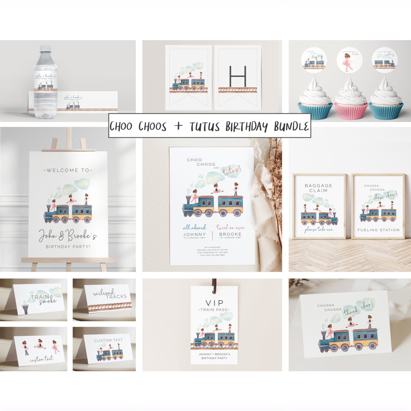 Choo Choos and Tutus Birthday Bundle Set, Editable Template, BRUNETTE ...