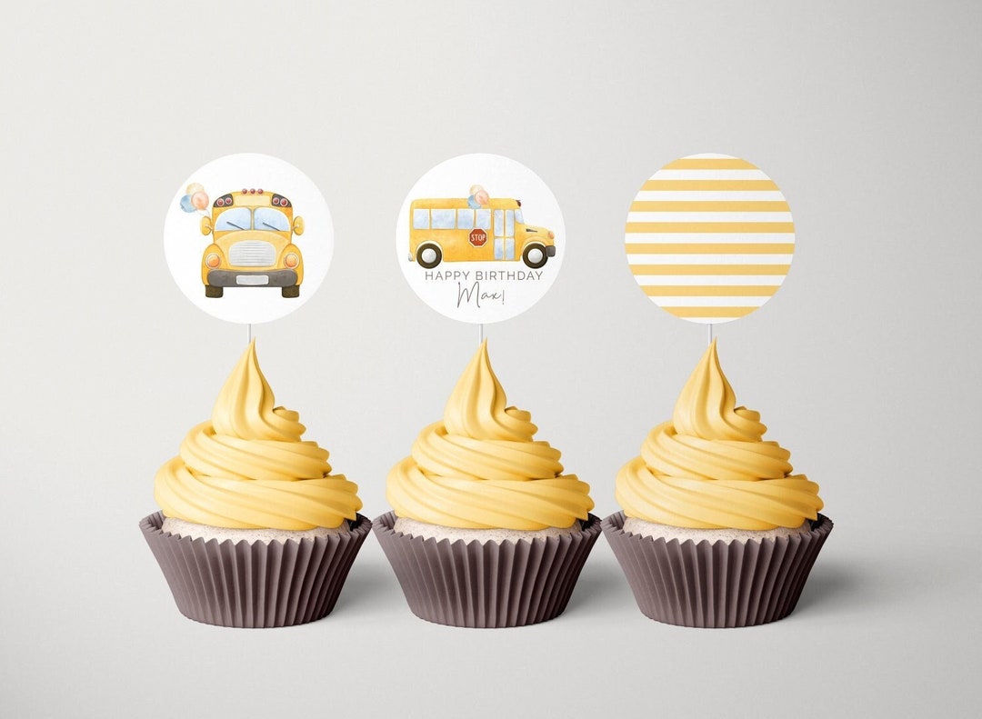 Yellow Bus Cupcake Toppers, Editable Template, School Bus Party Labels ...