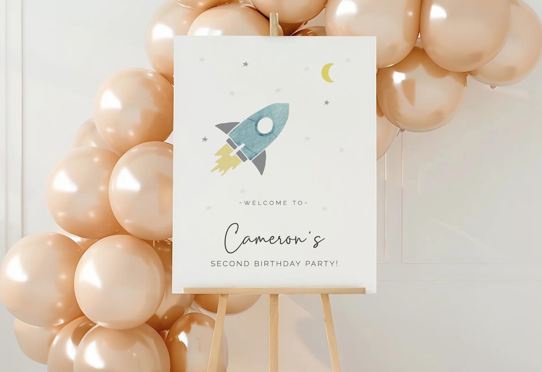 Two the Moon Welcome Sign, Editable Template, Rocket Ship Birthday Sign ...