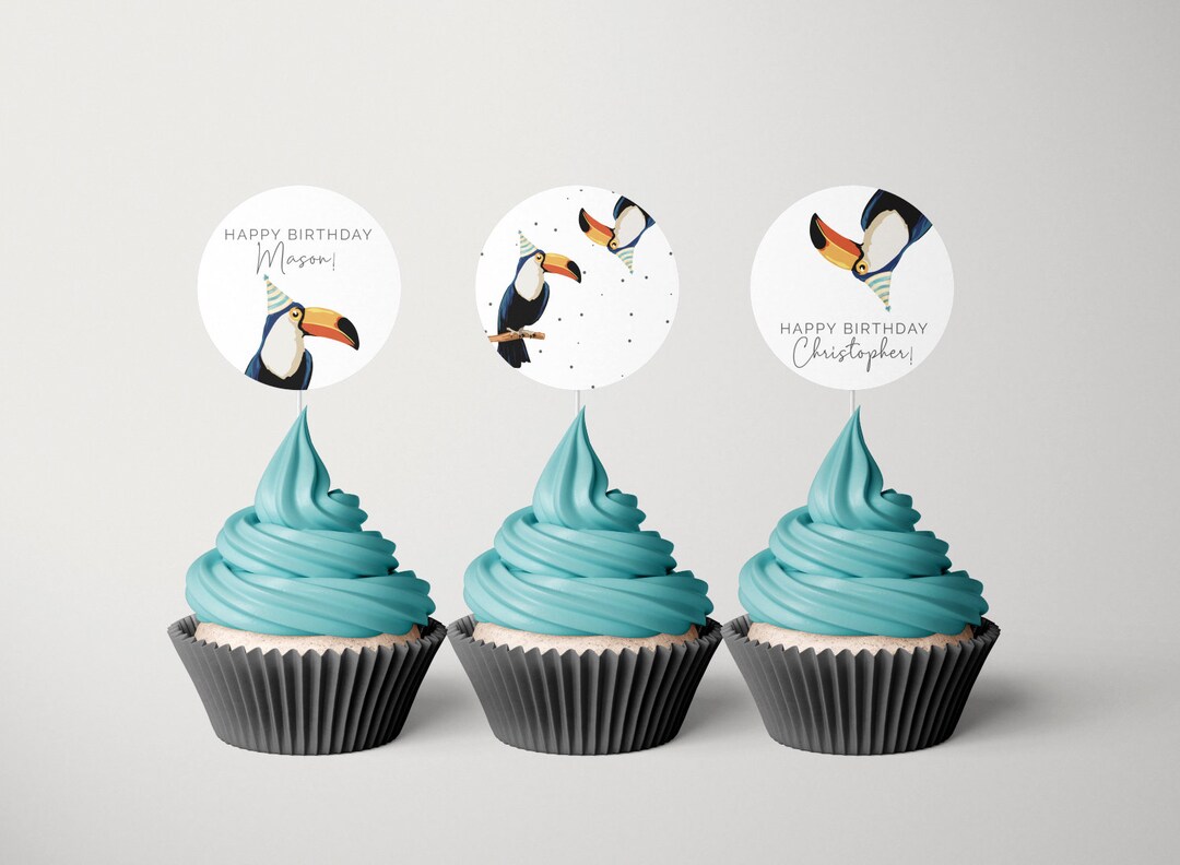 BOY Toucan Cupcake Toppers, Editable Template, Twin Bird Party Labels ...