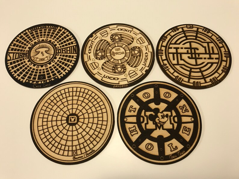 Theme Park Manhole Coasters Disney Manhole Covers Wood Drink Coasters ...