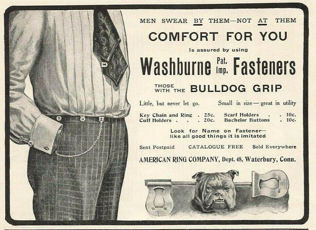 1907 Washburne Fastener Antique Print Ad Bulldog Grip Tie Holder Belt ...