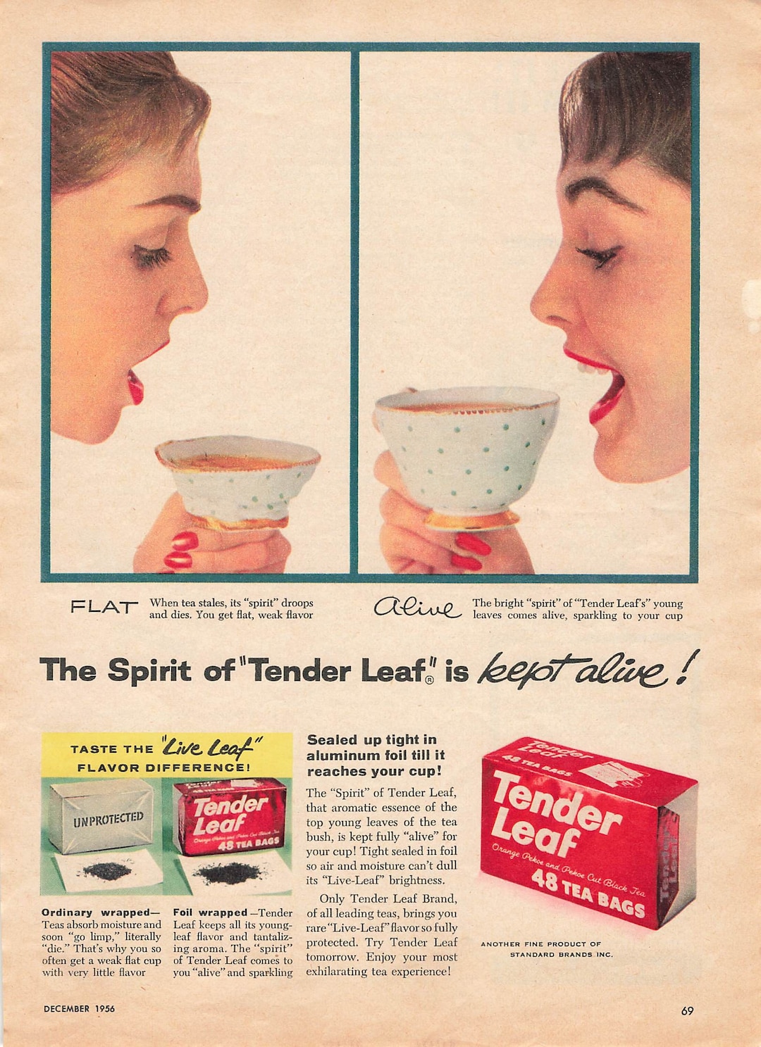1956 Tender Leaf Tea Vintage Print Ad Spirit Alive Foil Wrapped Live ...