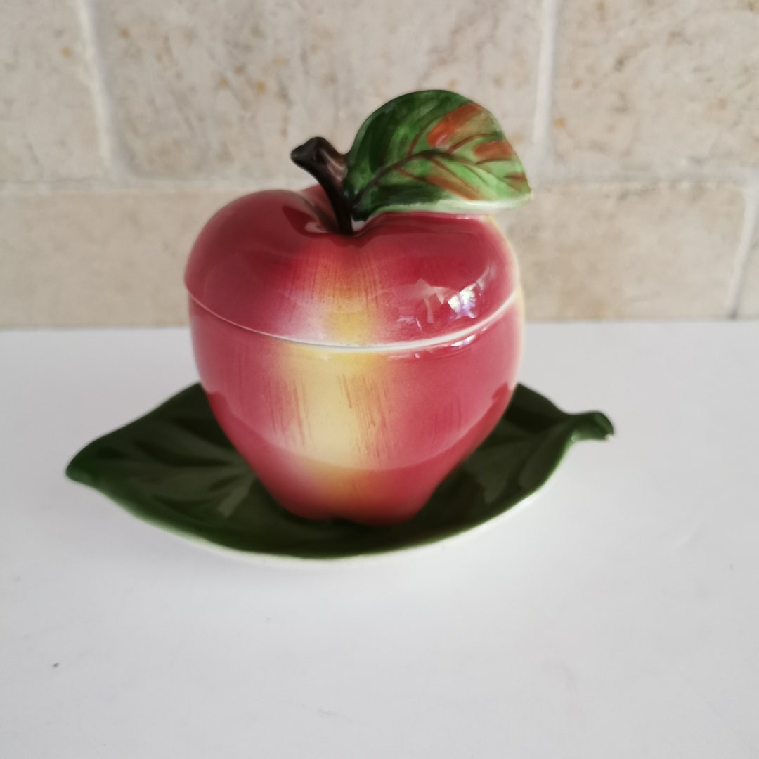 Vintage ESD Japan Apple Shaped Jam Jar Lidded Honey Pot Ceramic Lefton ...