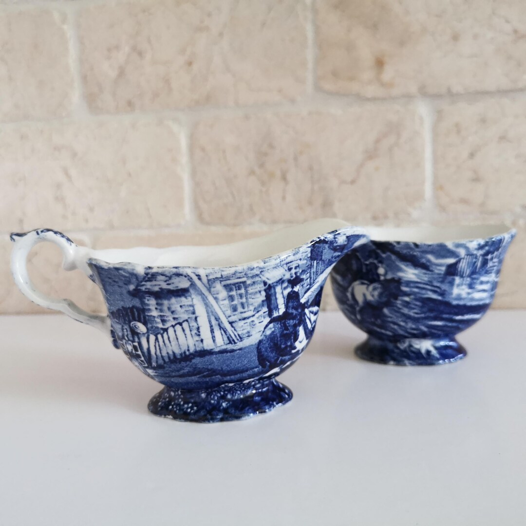 Old Foley Blue Creamer & Sugar Bowl James Kent Staffordshire 1970s ...