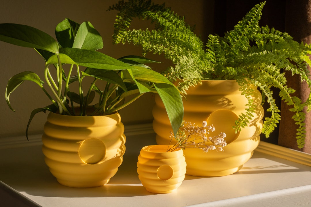 Beehive Planter - 3D Printed Yellow Spring Bee Flowerpot With Drainage ...