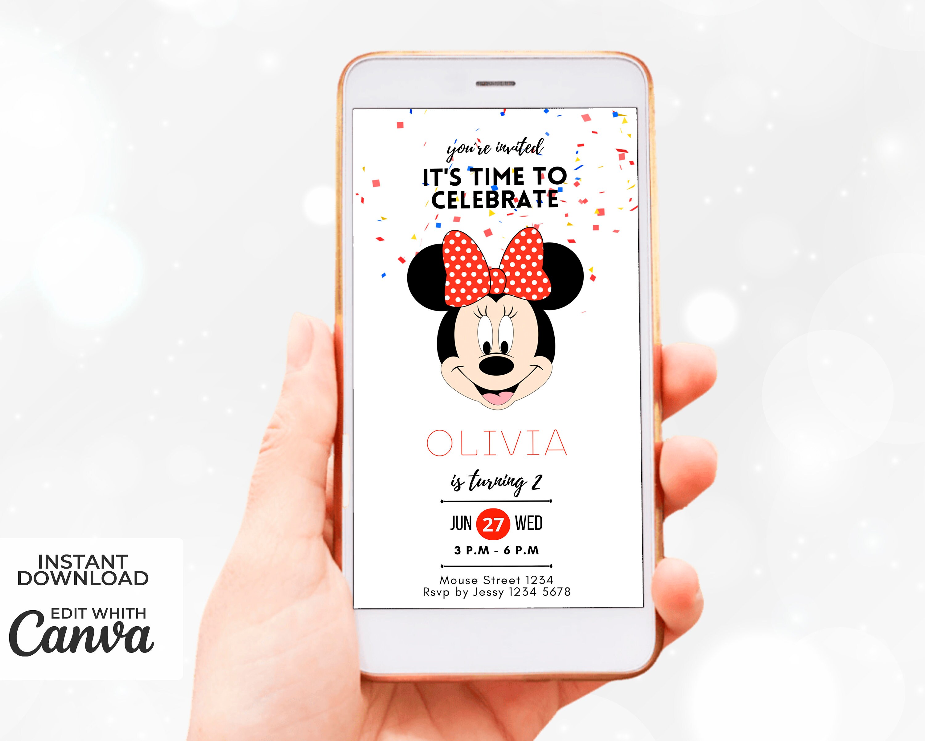 Minnie Mouse Face Bow Animated Digital Birthday Party Invitation ...