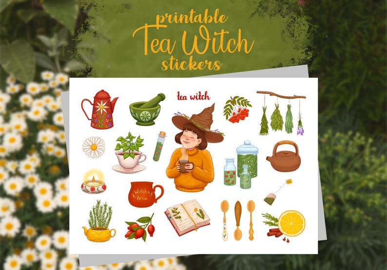 Tea Witch Printable Stickers Witchy Herbal Tea Stickers With Berries ...