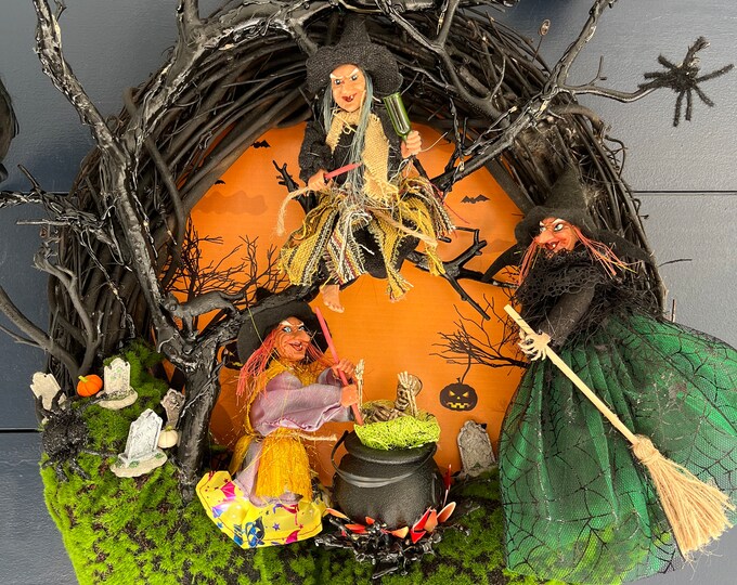 Three Witches With Light up Tree and Cauldron, Halloween Witch Wreath ...