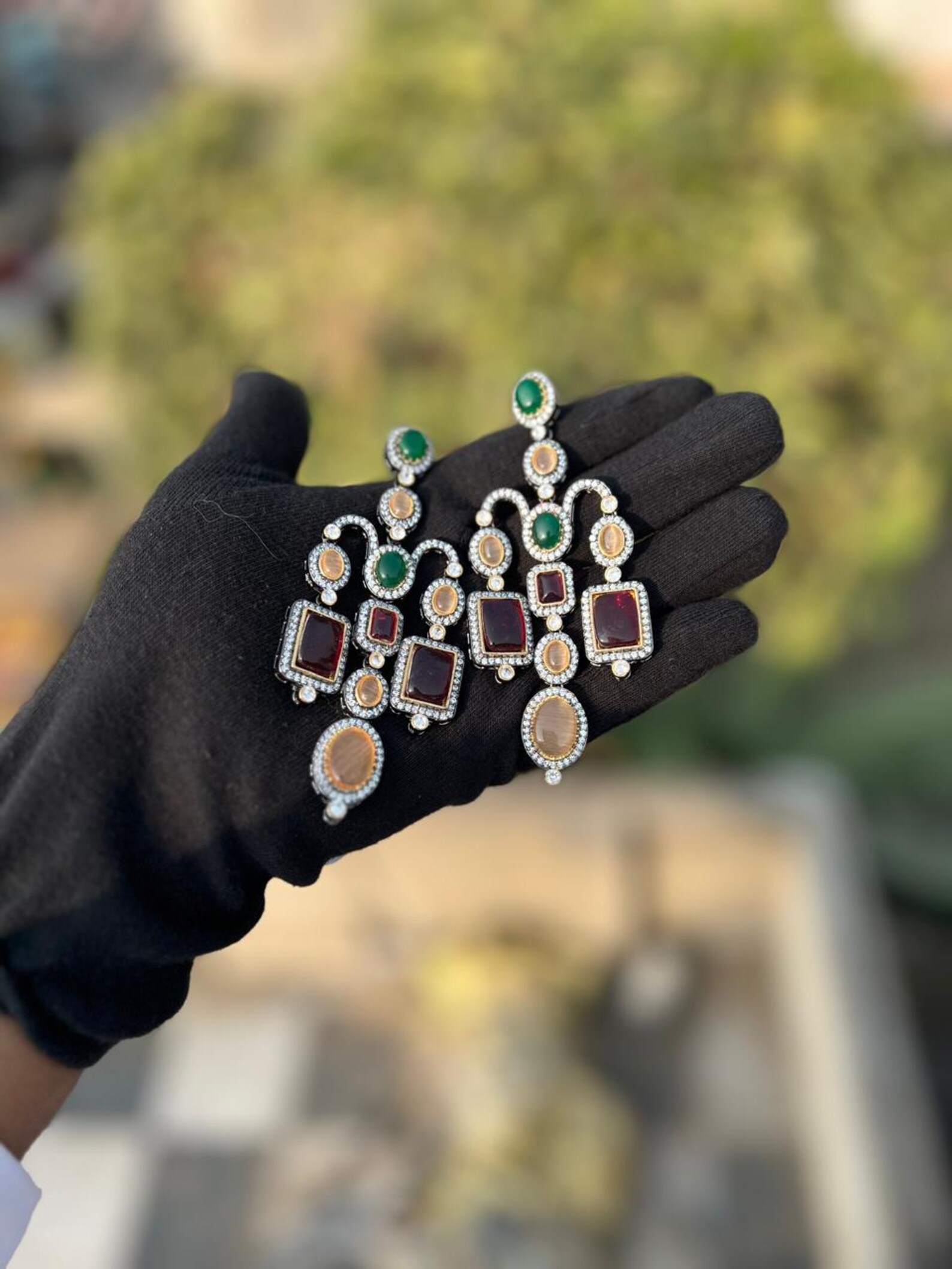 Sabyasachi Inspired Victorian Emerald Green Zirconium Diamond Long ...