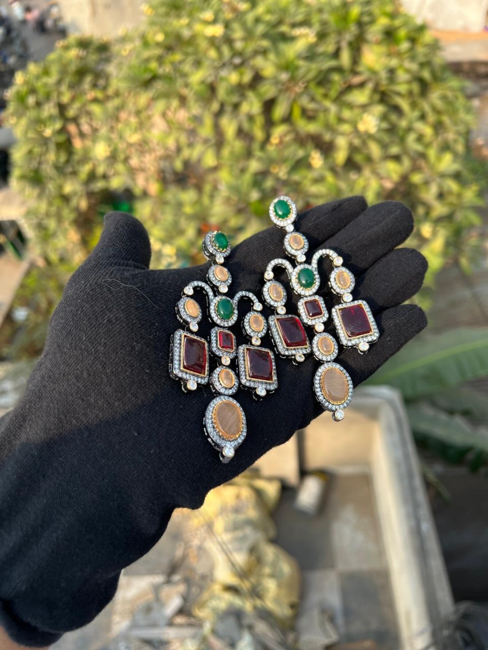 Sabyasachi Inspired Victorian Emerald Green Zirconium Diamond Long ...