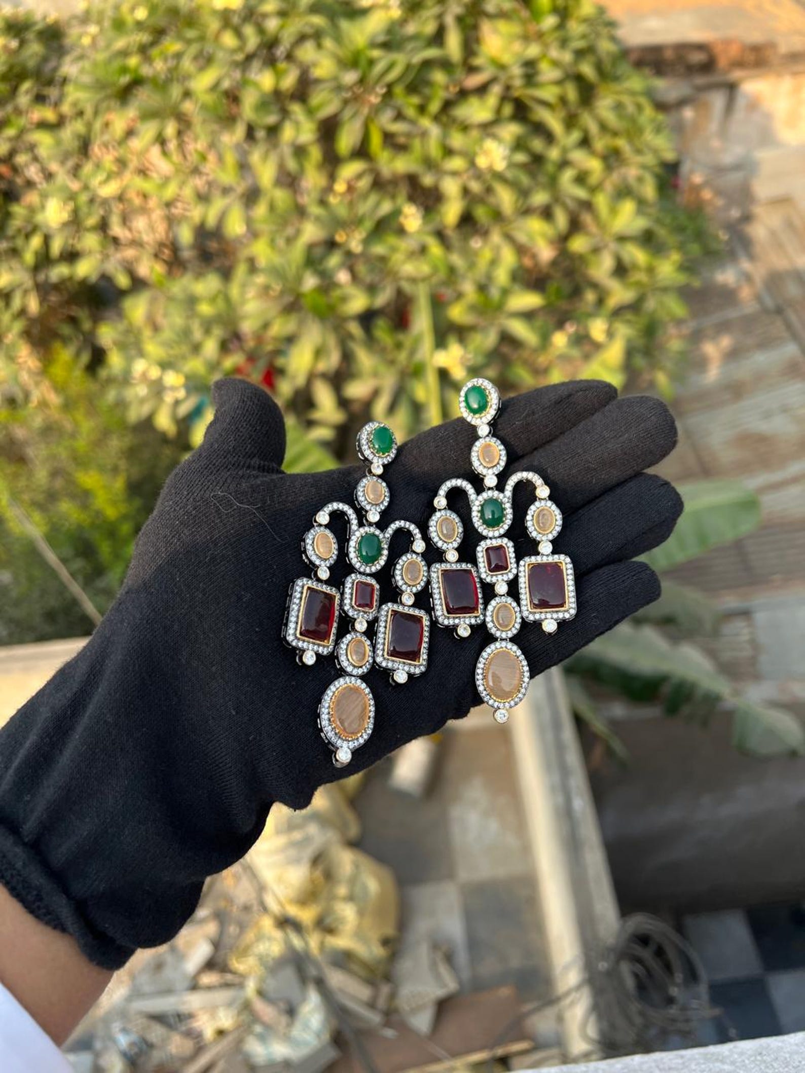 Sabyasachi Inspired Victorian Emerald Green Zirconium Diamond Long ...