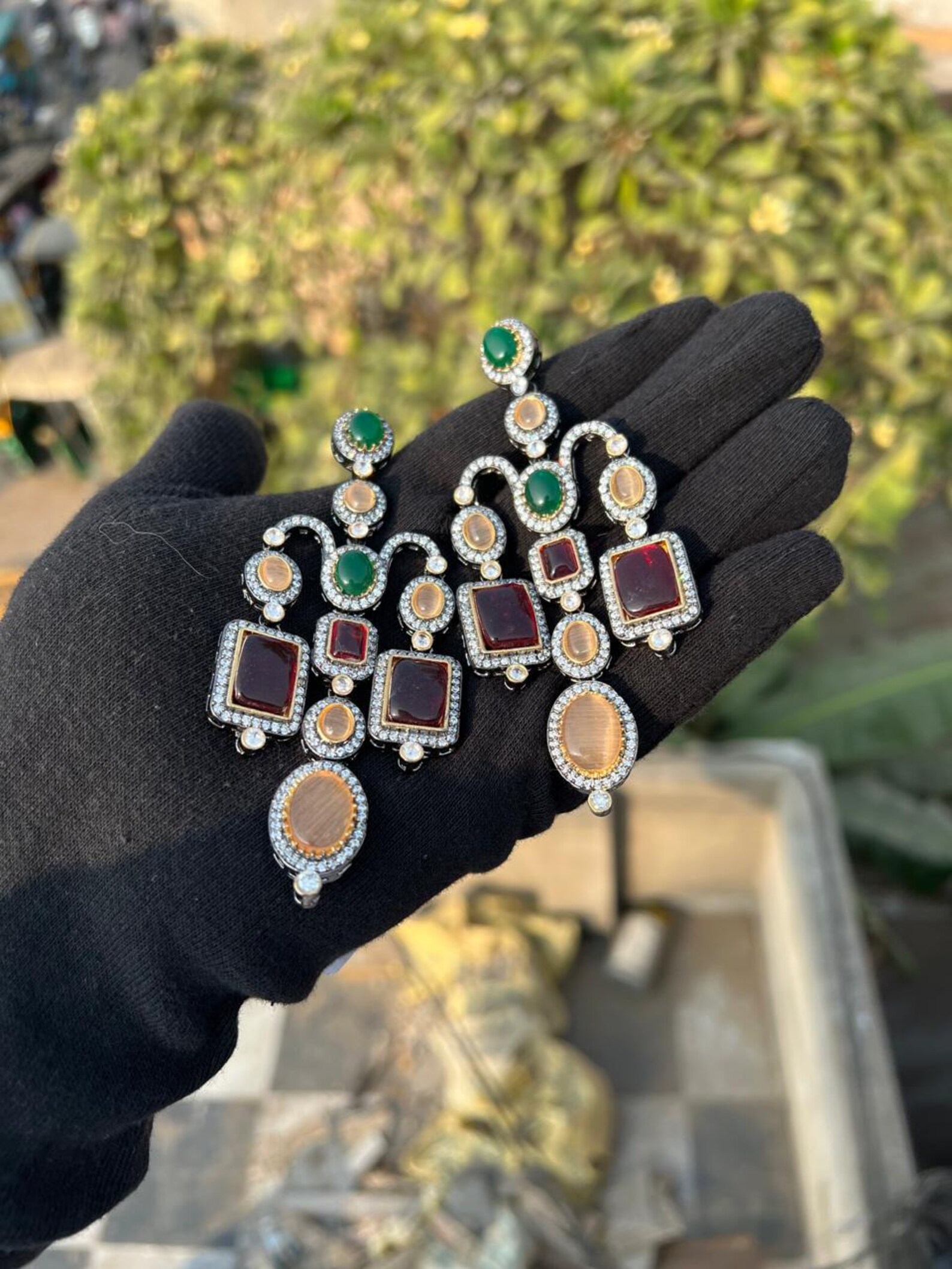 Sabyasachi Inspired Victorian Emerald Green Zirconium Diamond Long ...