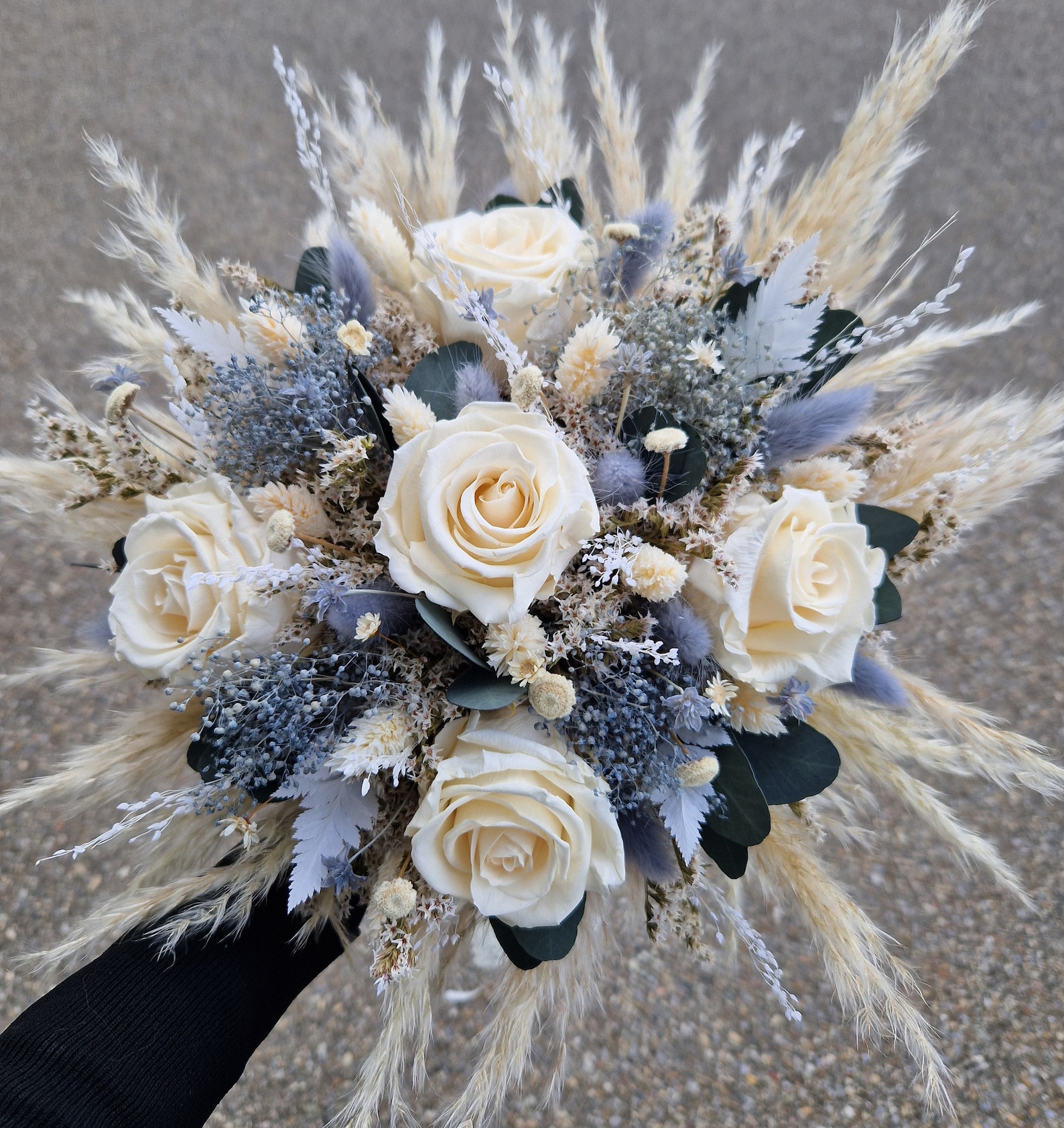 Bridal Bouquet Ice Blue Gray Blue Cream Eternal Roses Champagne Boho ...