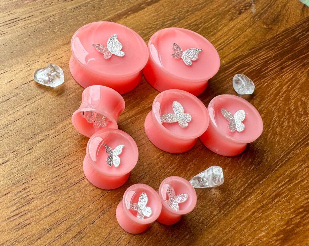 2g (6mm) - 30mm 'butterfly Blush Plugs' Silver Butterfly Pink Acrylic ...