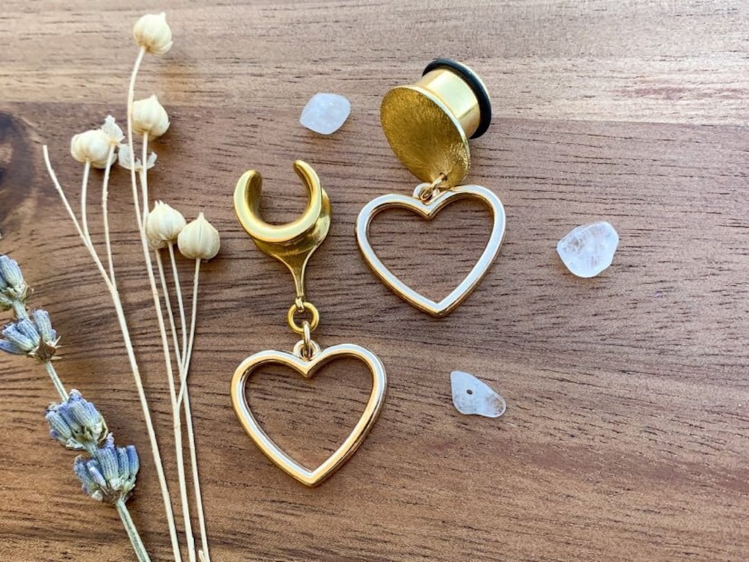 6g 4mm 1 3/16 30mm Small Gold Tone Heart Saddles Hiders Drop Dangle Earrings Gauges/earplugs ...