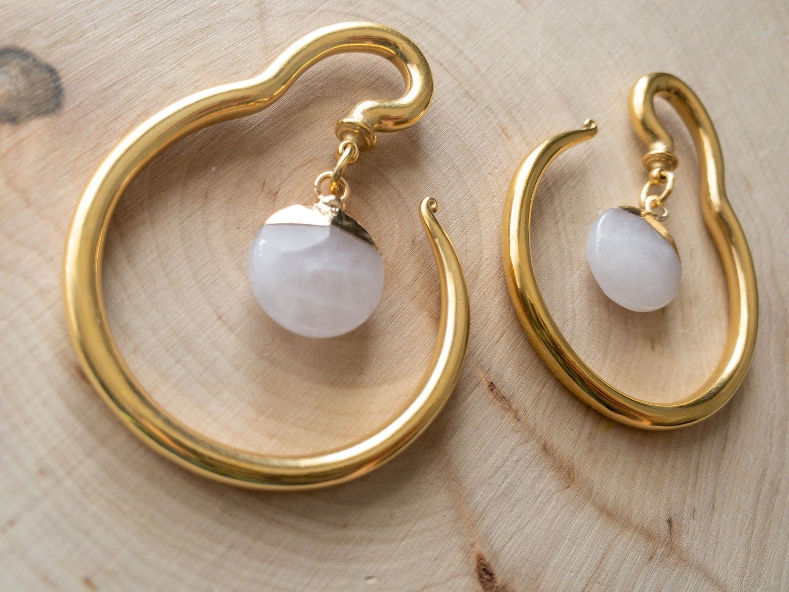 Gold Steel Spiral Hangers W/polished Rose Quartz Charm Plugs - Etsy