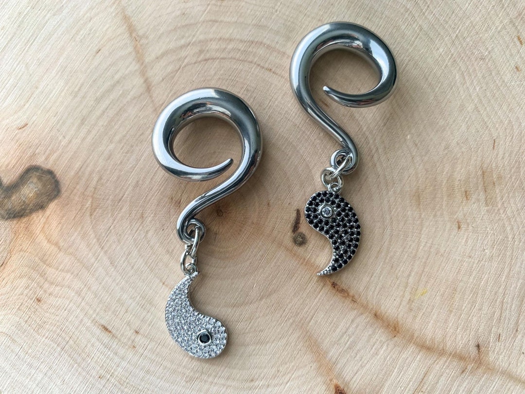 6g 2g 0g 00g Silver Zircon Yin Yang Ear Hooks Drop Dangle Earrings ...
