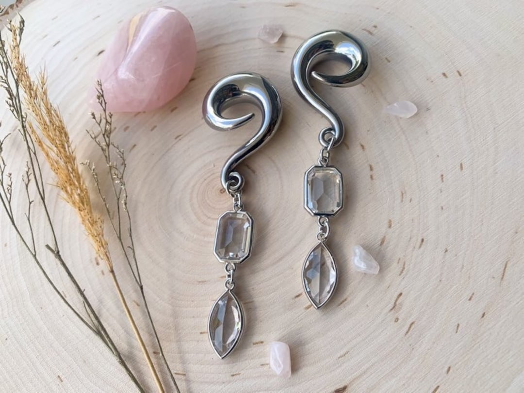 6g 2g 0g 00g Silver Tone Plated Glass Ear Hooks Lightweight Drop Dangle ...