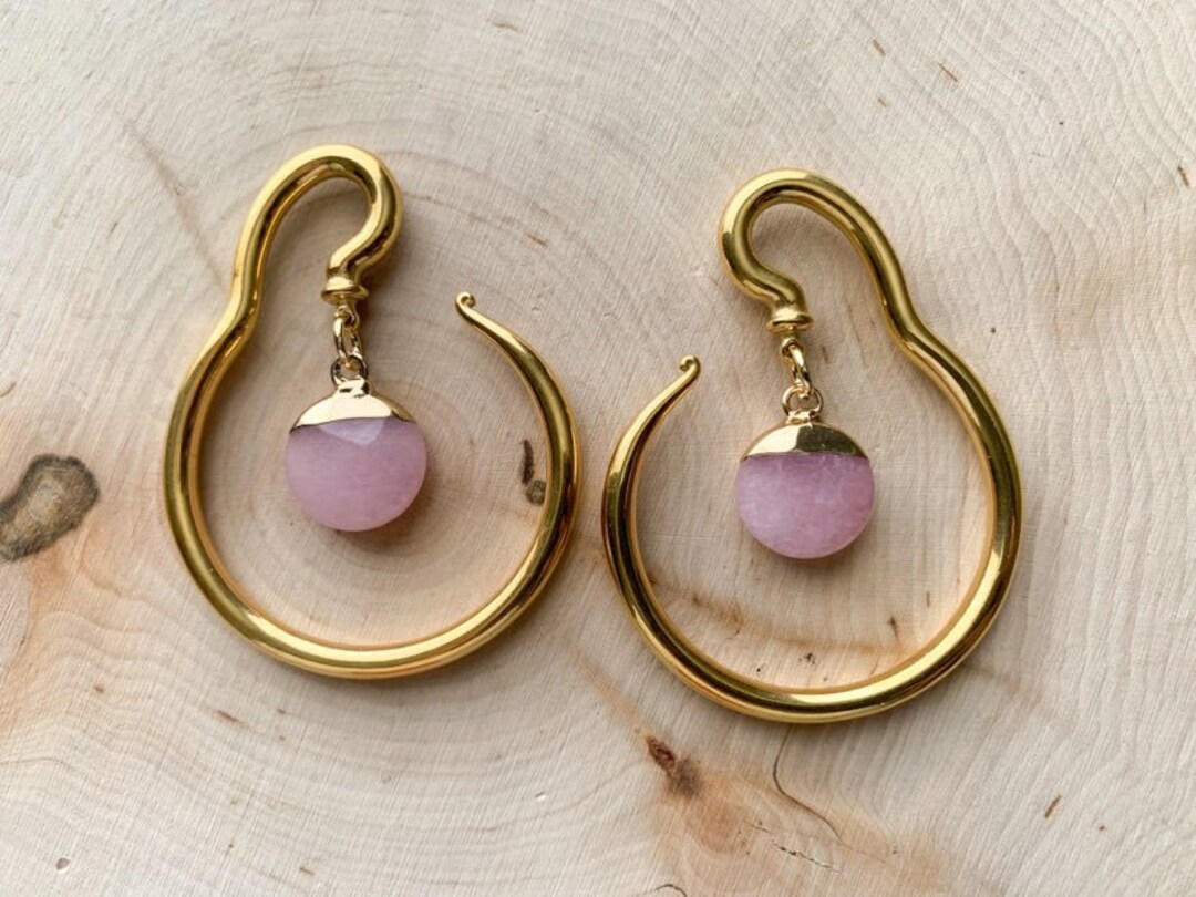 Gold Steel Spiral Hangers W/polished Rose Quartz Charm Plugs Earrings ...