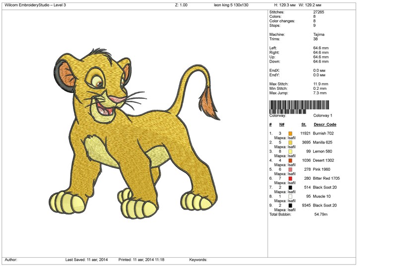 Machine Embroidery Design. Simba Standing Position. the Lion Cub King ...