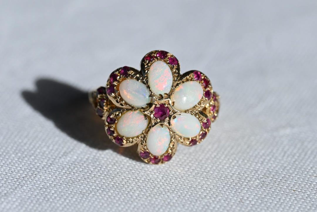 A Fiery 1970s 9 Carat Gold, Ruby & Opal Cocktail Ring - Etsy