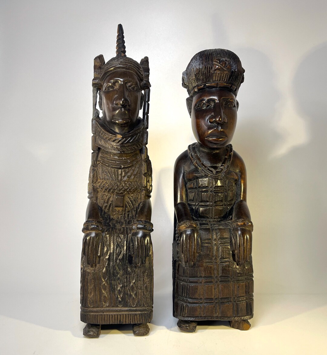 Benin King Oba and Queen, Pair of Hand Carved Seated Ebony Figures West ...