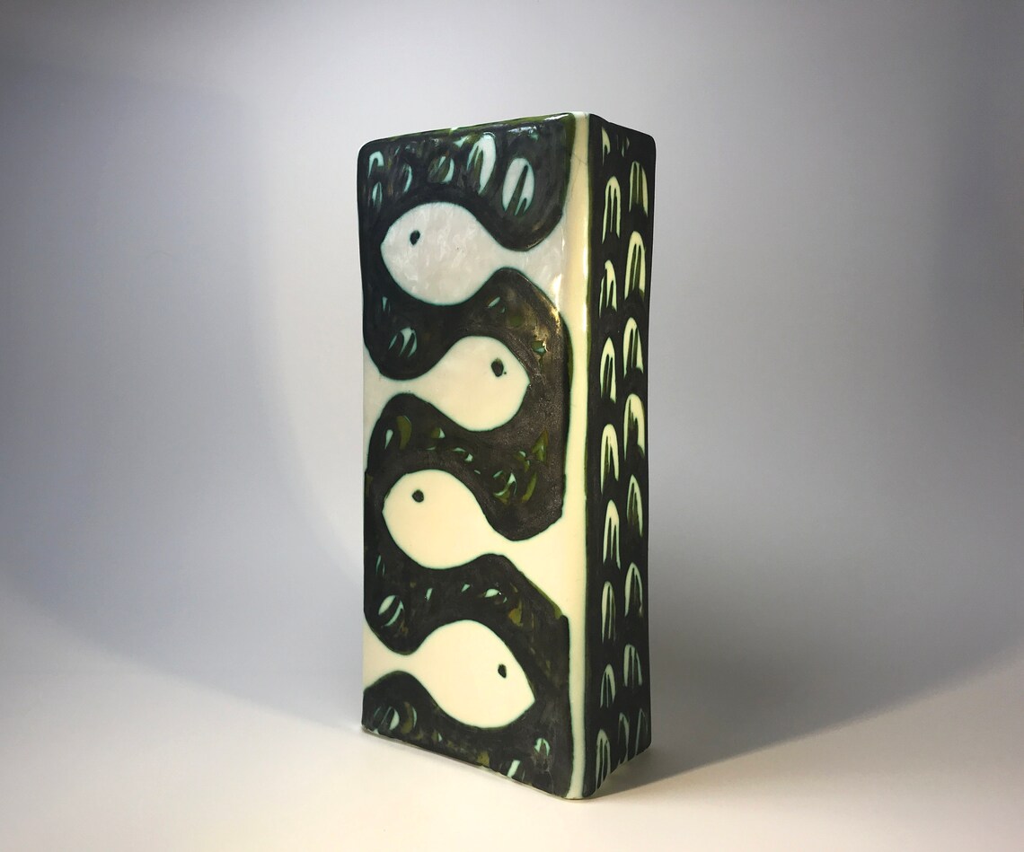 Alessio Tasca Signed, Italian Tall Oblong Ceramic Vase With Five Fish ...